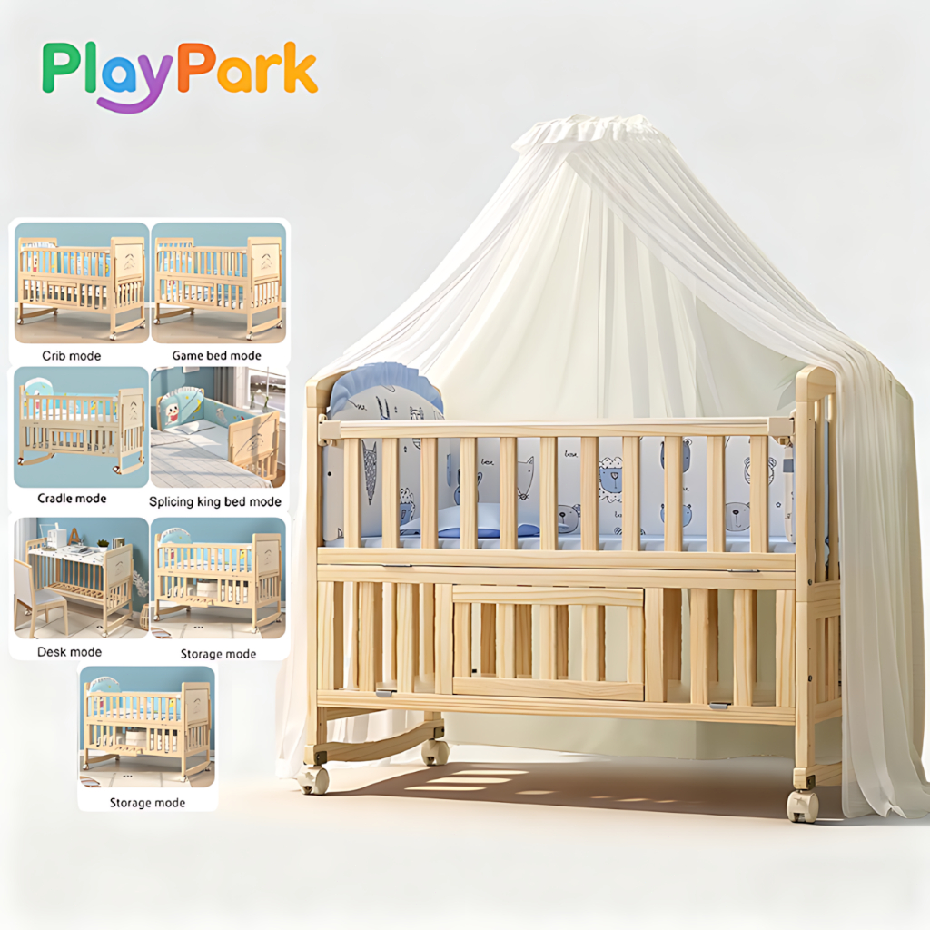 Playpark 7 in 1 Baby Cot Wooden Baby Crib with Mat Baby bed Set ...