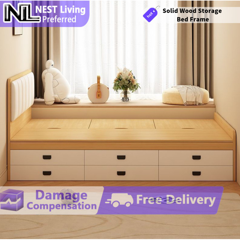 Solid Wood Storage Bed Frame with Mattress Single Queen King Size Space ...