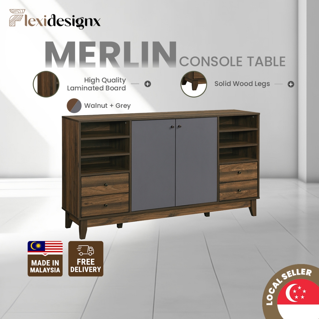 Flexidesignx Side Board Cabinet 2 Door 2 Drawer Soft Close Walnut Grey ...
