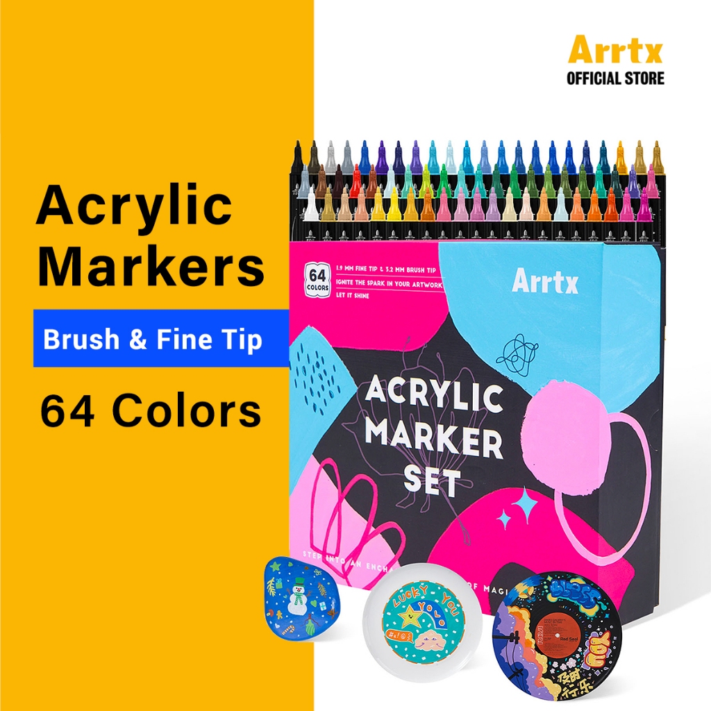 Arrtx 64 Colors Acrylic Paint Markers – Dual-Tip Paint Pen Set (Brush ...