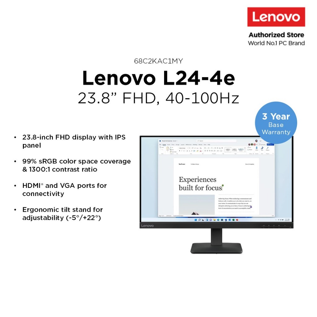 Lenovo L24-4e Monitor | 24" 100Hz FHD (1920x1080) IPS display | Tilt ...