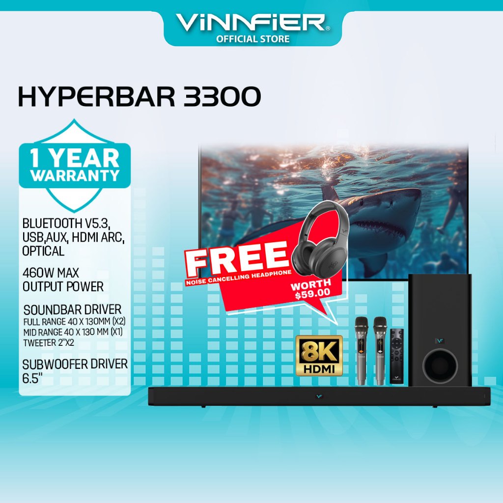 Vinnfier Hyperbar 3300 - 460W Bluetooth Soundbar with 6.5” Subwoofer ...