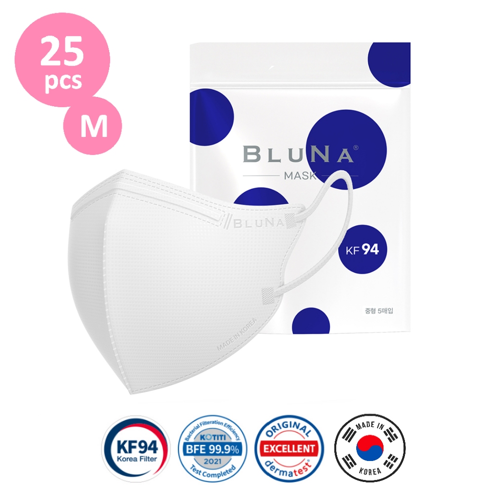 M size Bluna 2D KF94 masks 25 pcs (5pcs per pack x 5 packs) White ...