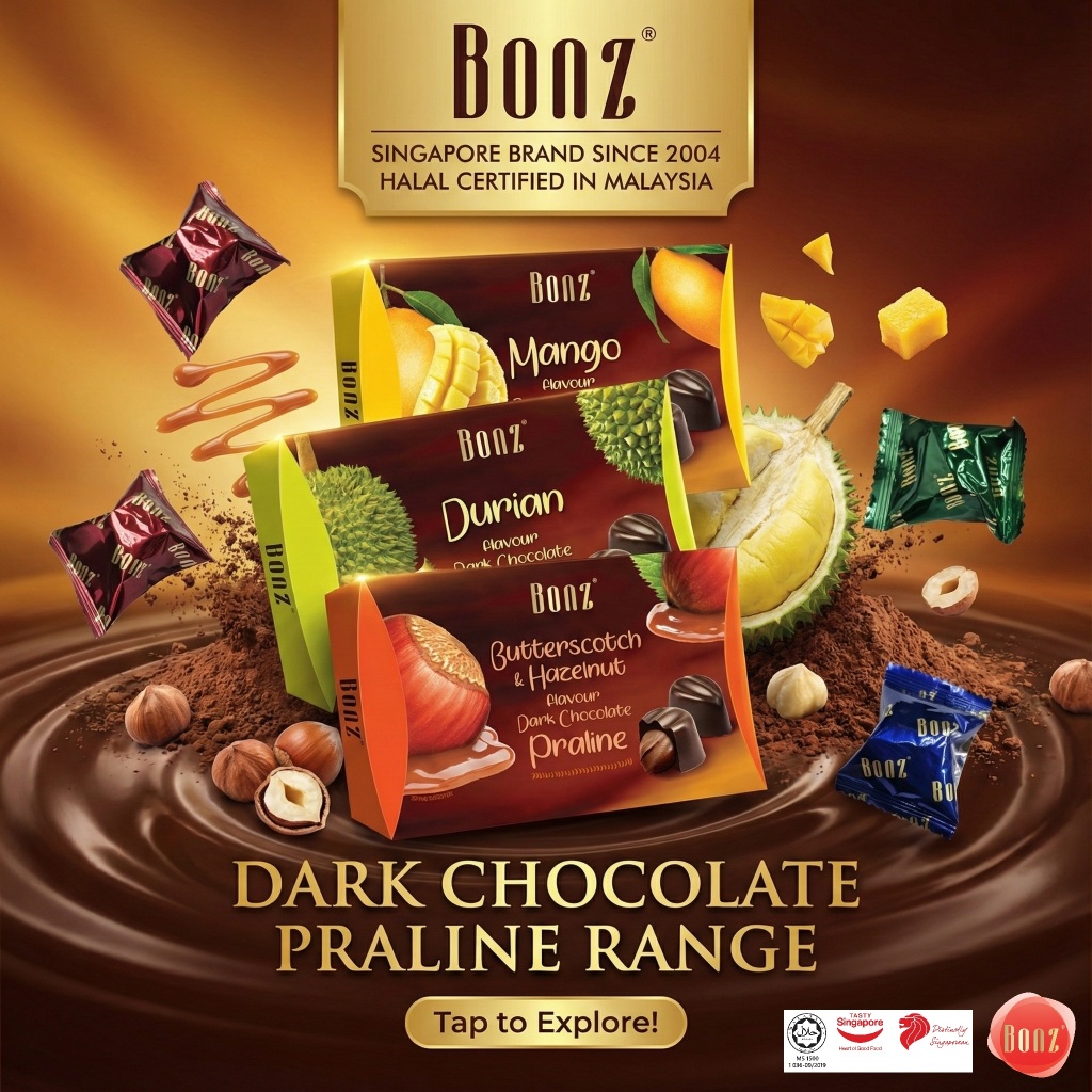 BONZ Creme Praline Dark Chocolate 90g per Box x 4 - 4 Flavours {Halal ...