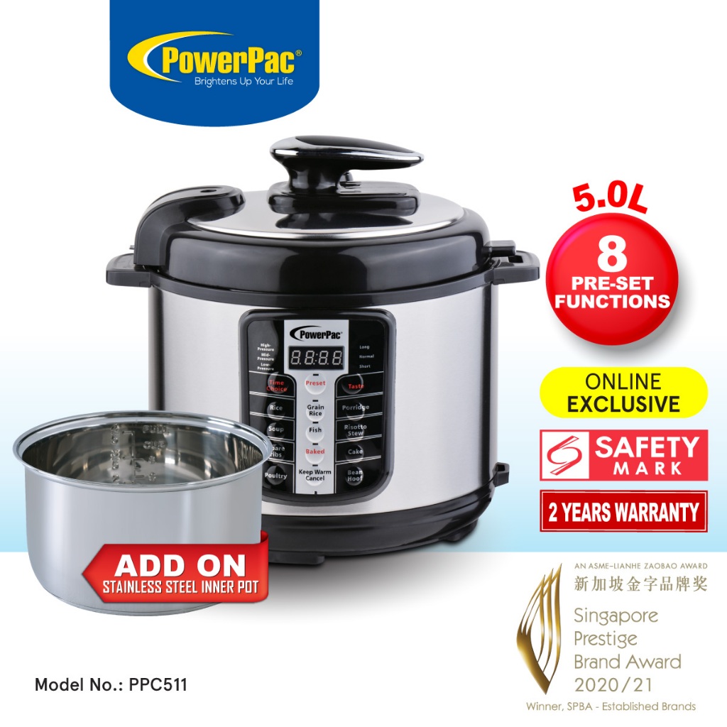 PowerPac Electric Pressure Cooker With Stainless Steel Pot 5.0L, Rice ...