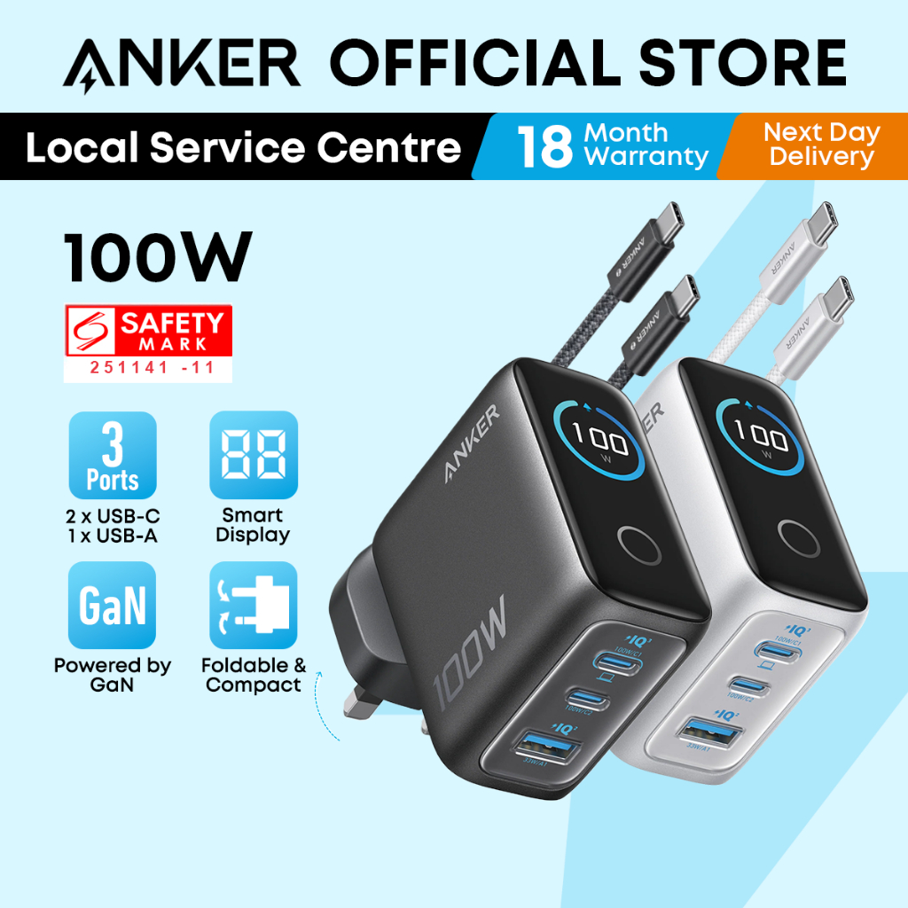 Anker Charger 100W PD Fast Charging 3-Port GaN USB C Charger Compact ...