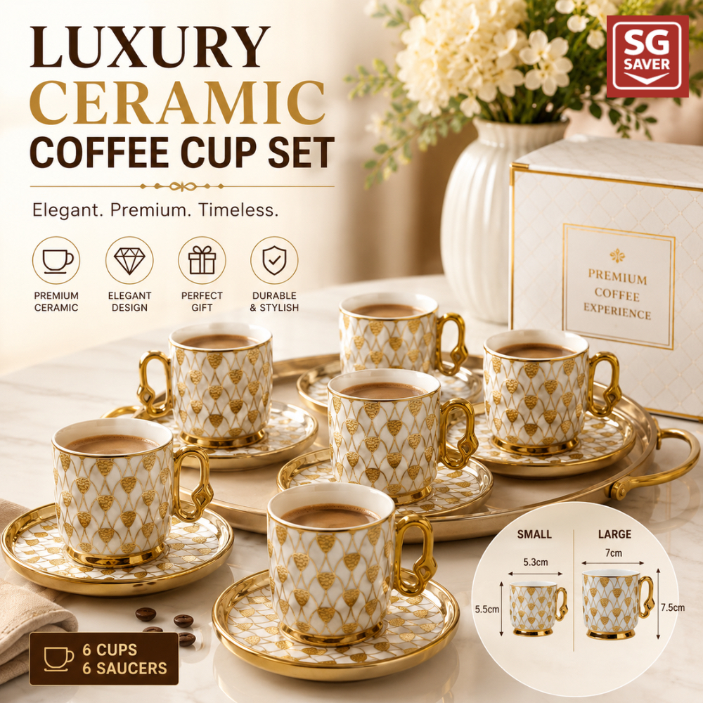Luxury Coffee Cup Set 6pcs | Ceramic Gold Handle Espresso Tea Cups with ...