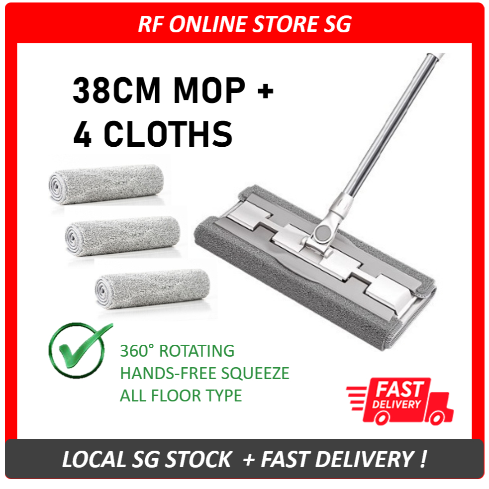 38cm Flat Mop 360 Degree Rotating Wet Dry Reusable Washable 4 Cloths ...