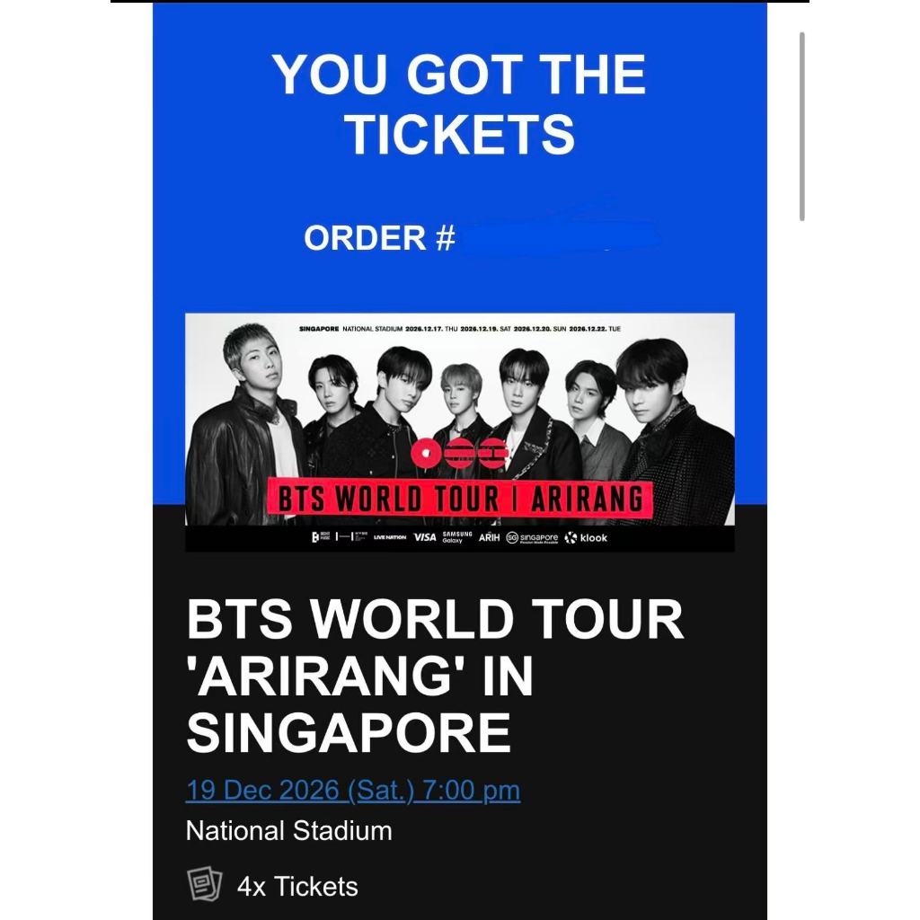 BTS World Tour ARIRANG Singapore 17 Dec Concert Ticket 防弹少年团新加坡 12.17 ...