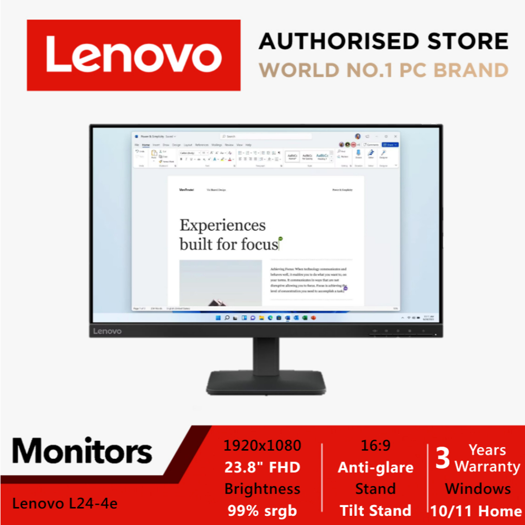 Lenovo L24-4e | 68C2KAC1MY | 23.8" FHD IPS display, Anti-glare 16:9 ...