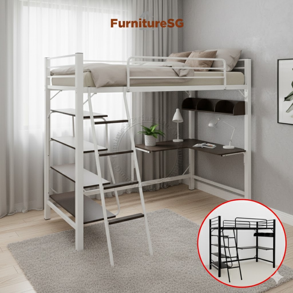 (FurnitureSG) Modern Type Metal Loft Bed with Work Station and Shelves ...