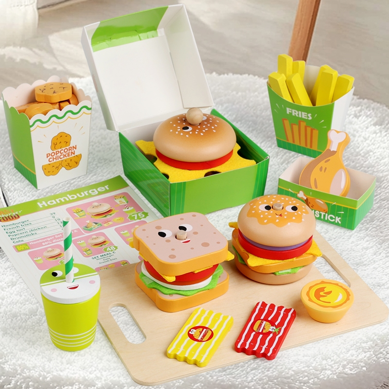 [SG Stock] Wooden Pretend Play Fast Food Set Kids Burger Fries Popcorn ...