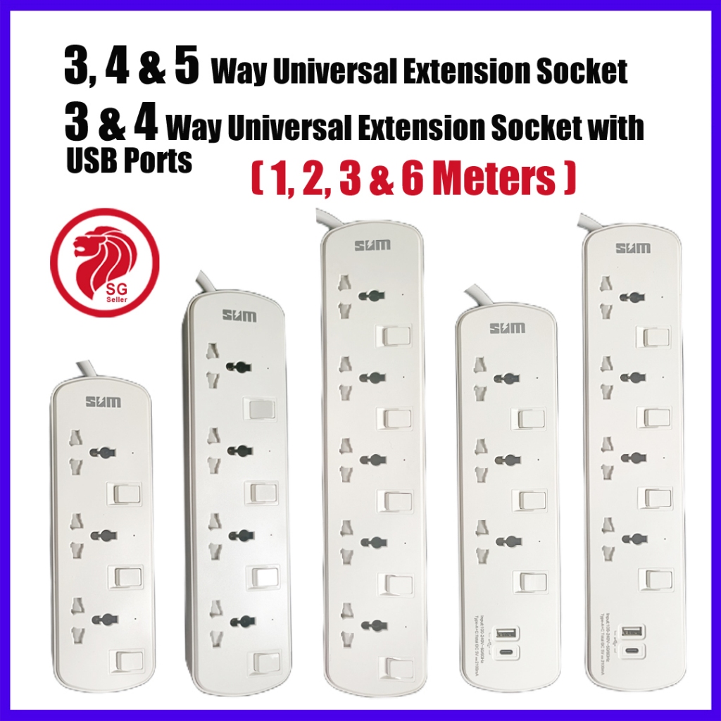 3 to 5 Way Universal Extension Socket with and without 2 USB Ports ...