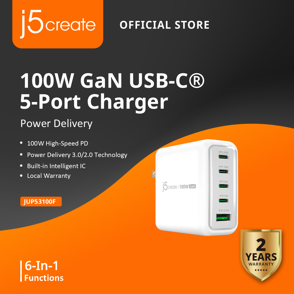 J5CREATE JUP53100F 100W GAN USB-C 5-PORT CHARGER | Shopee Singapore