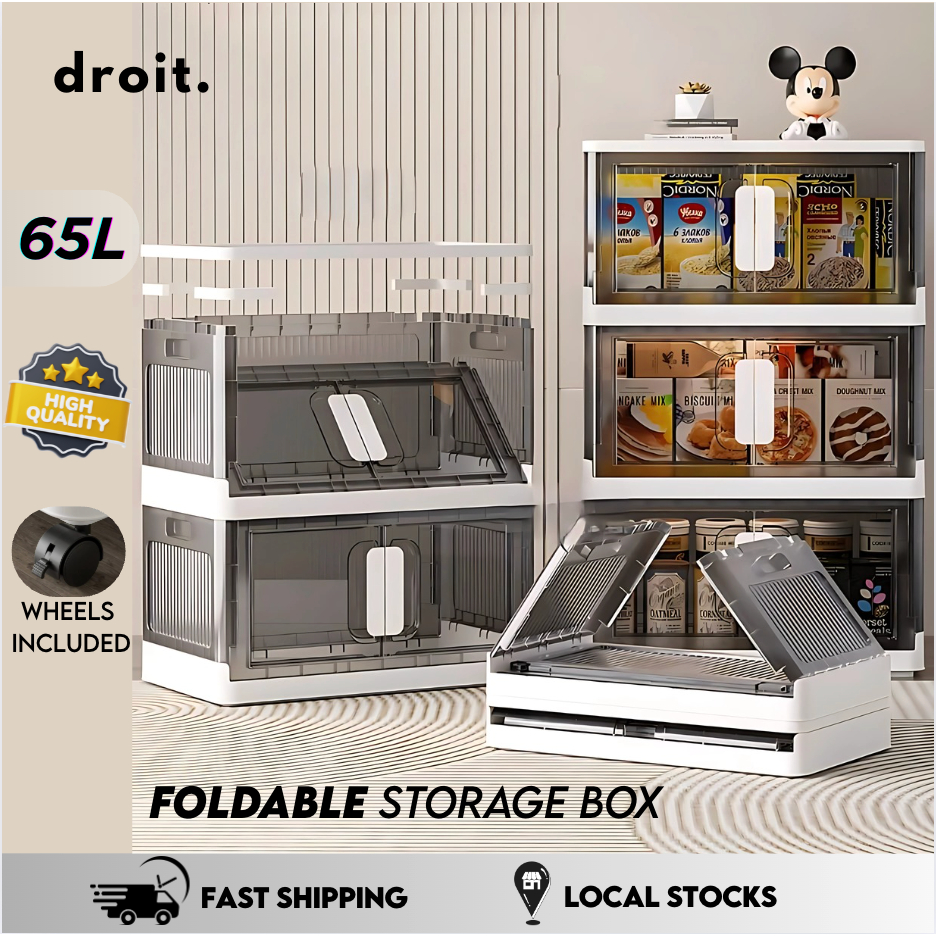Foldable Stackable Storage Box with Wheels | 65L Transparent Plastic ...