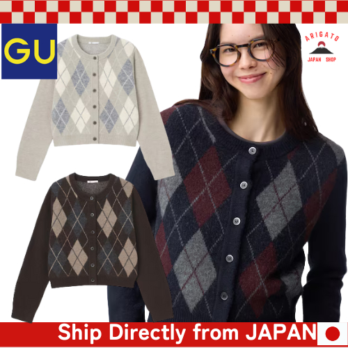 GU Puff Knit Argyle Crew Neck Cardigan【Direct from Japan】 | Shopee ...