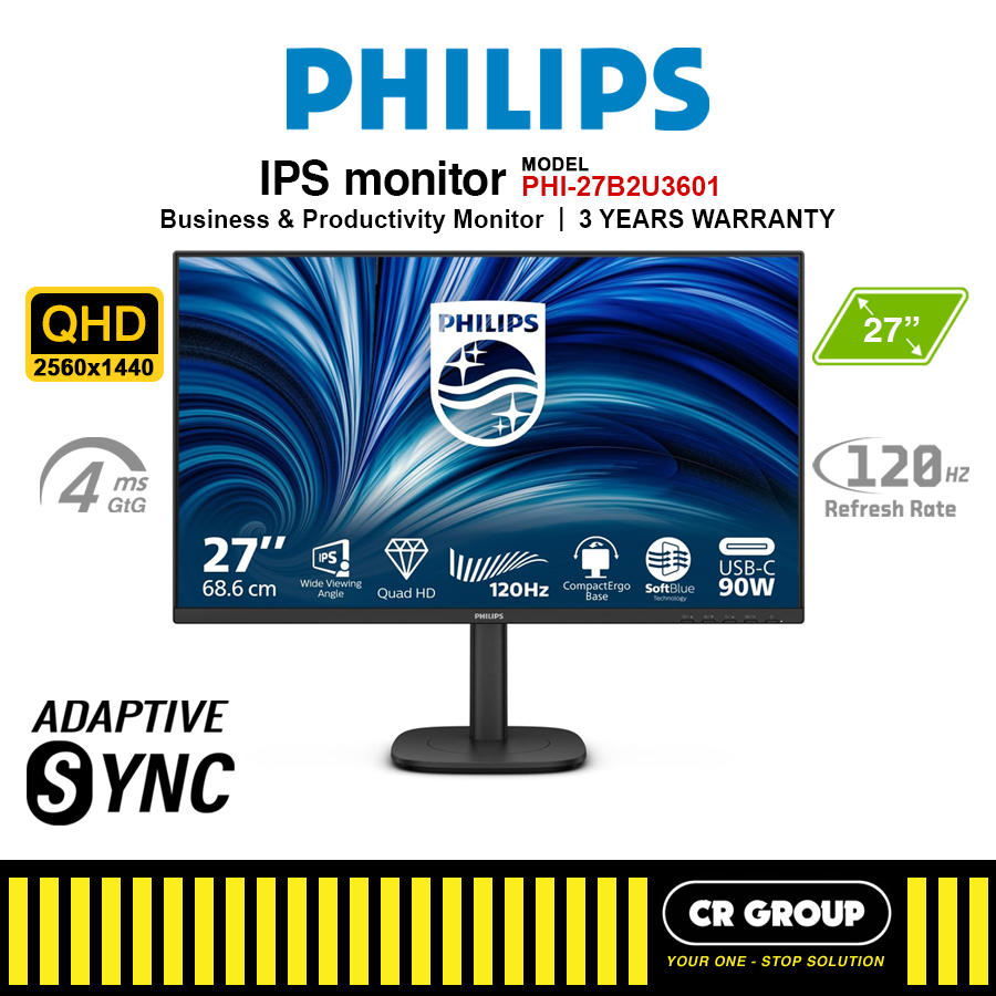 PHILIPS 27B2U3601 27-inch QHD 120Hz USB-C Docking IPS Monitor (3Yrs ...