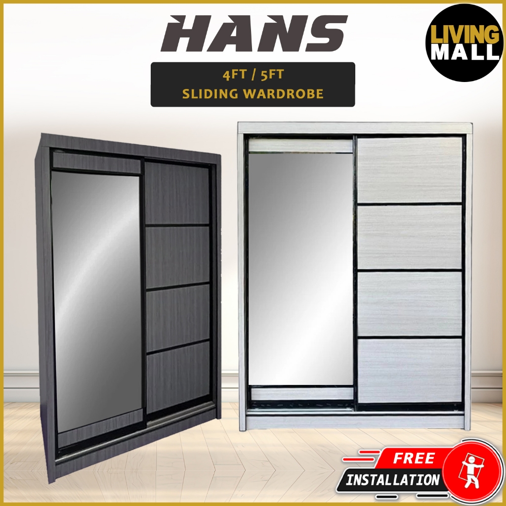 Living Mall Hans Series 4FT/5FT 2-Door Sliding Door Wardrobe in White ...