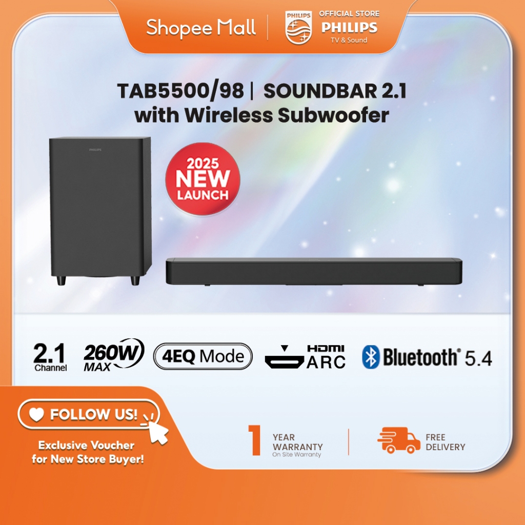 [2025 NEW LAUNCH] Philips Soundbar 2.1 with Wireless Subwoofer TAB5500 ...