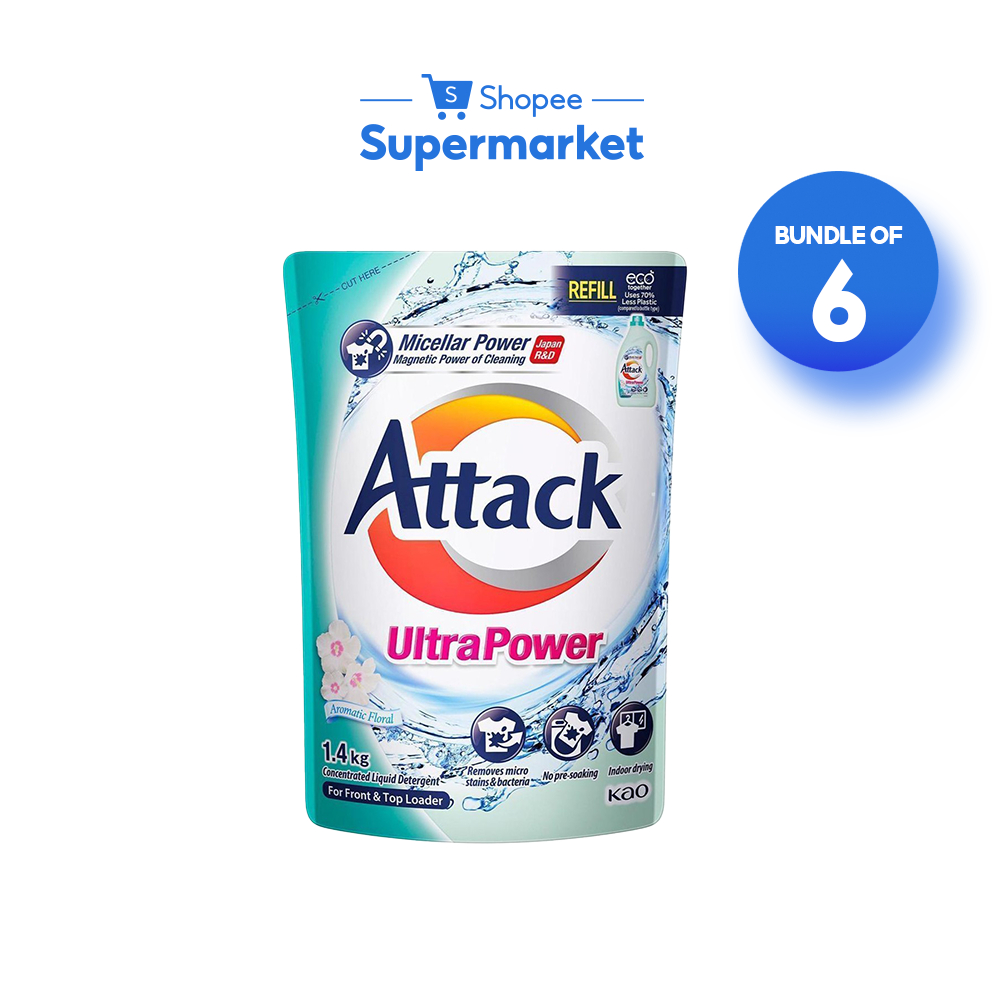 [Bundle of 6] Attack Ultra Power Liquid Detergent Refill Pack (1.4kg ...