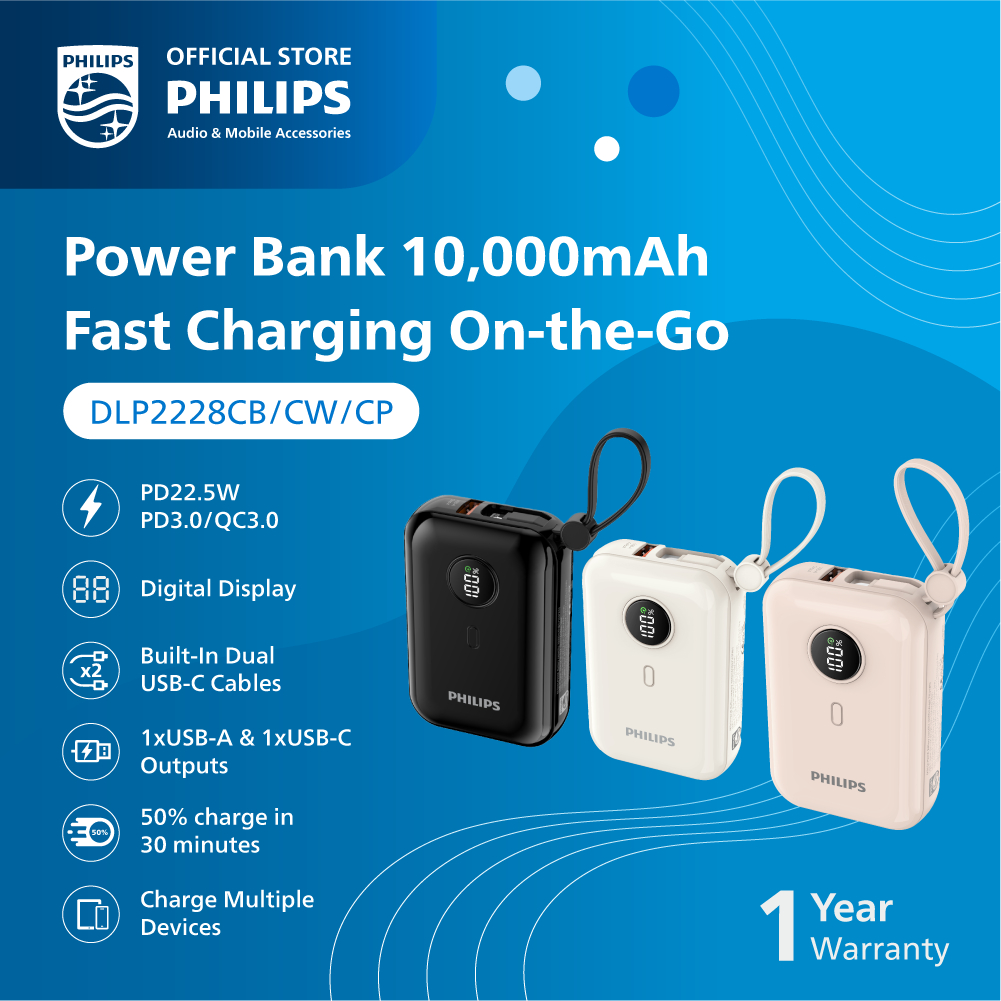 Philips 10000mAh Powerbank, 22.5W Fast Charge Built-in USB Type C Cable ...