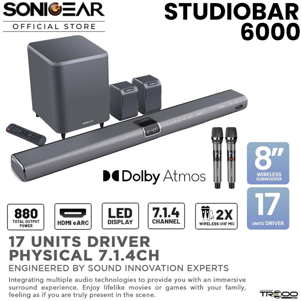 SonicGear StudioBar 6000 7.1.4 Dolby Atmos Wireless Bluetooth Soundbar w/ 8" Wireless Subwoofer ...