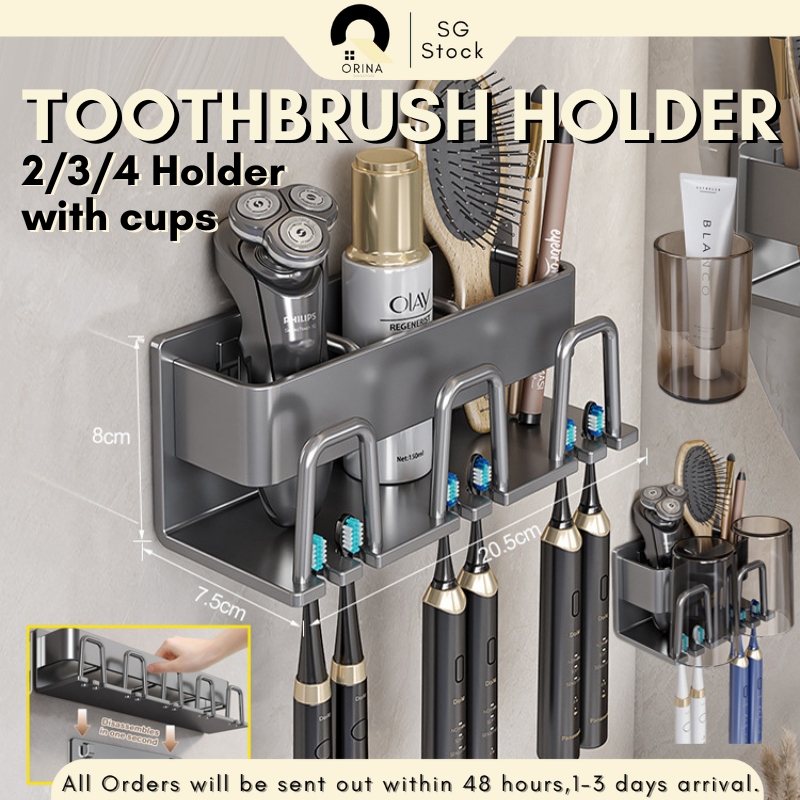 [SG] Wall Toothbrush Holder with Cup 2/3 Holder Family Toothbrush ...