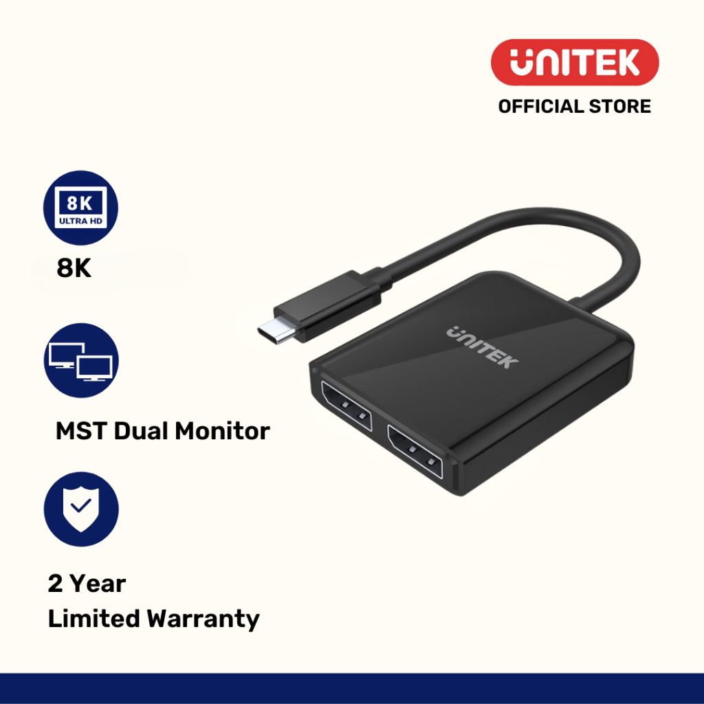 Unitek 8K USB-C to Dual Display Port (displayport) 1.4 Adapter with MST ...
