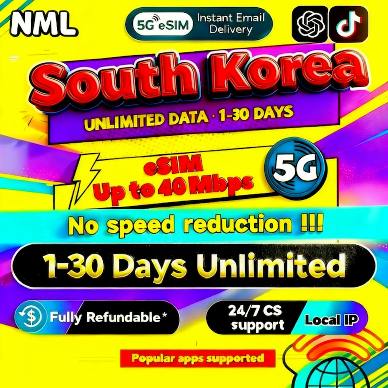NMLeSIM South Korea eSIM 5G 1-15 Days Daily500MB-30GB Unlimited Data eSIM South Korea LG SKT ...