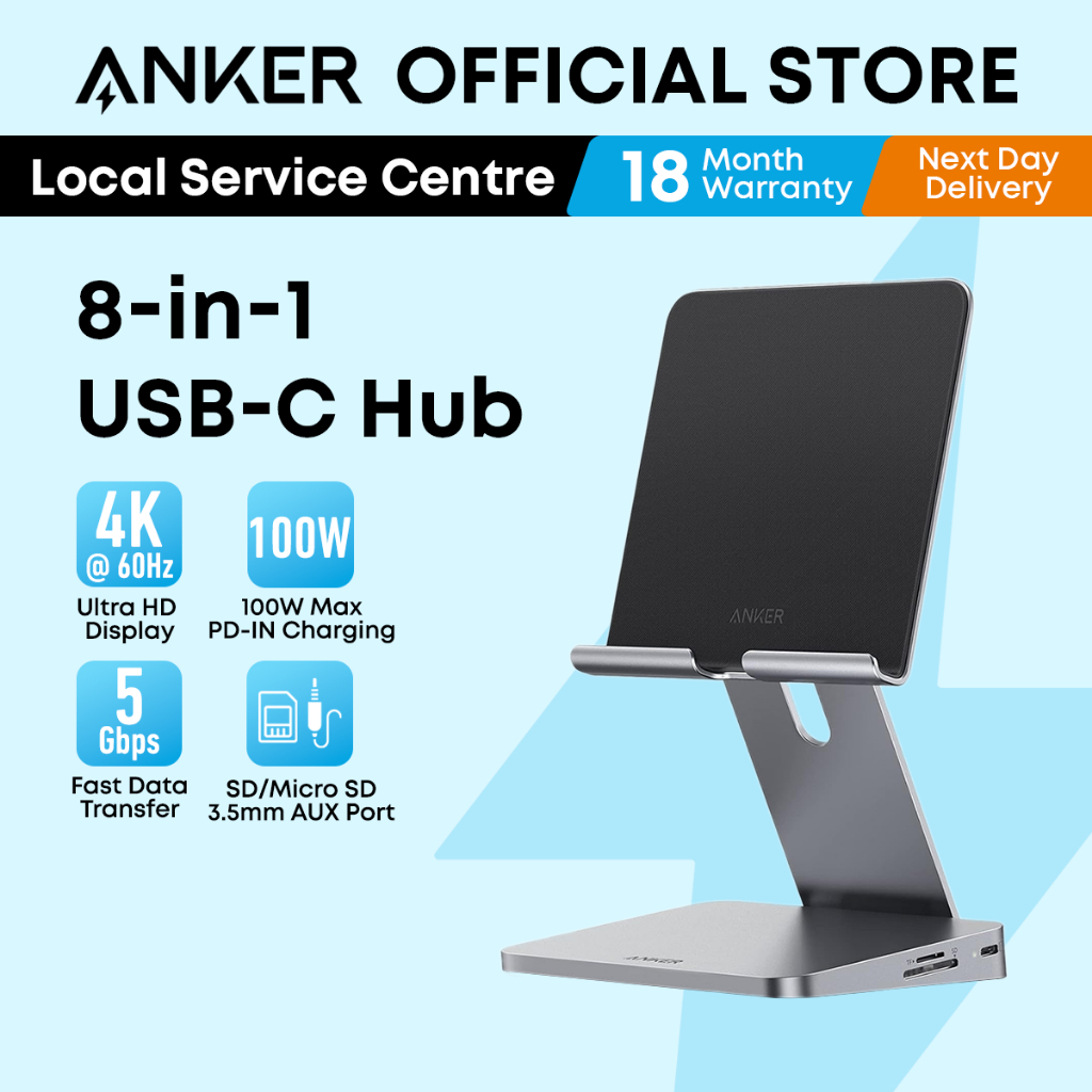 Anker 551 USB C Hub (8 in 1 Foldable Tablet Stand) 100W PD, 4K HDMI, 2 ...