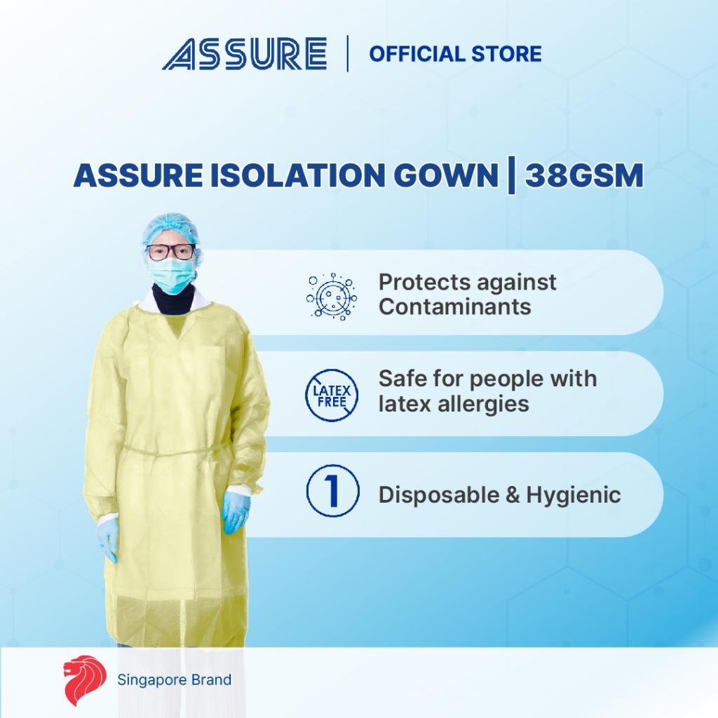 ASSURE Isolation Gown Yellow 38gsm, 125cm x 140cm, 10 Pce/Pkt | Shopee ...