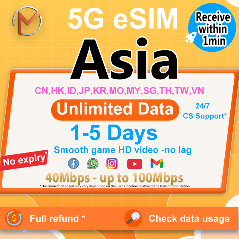Asia 11 countries eSIM Ultimate 1-5Days 5G High Speed Unlimited Data ...
