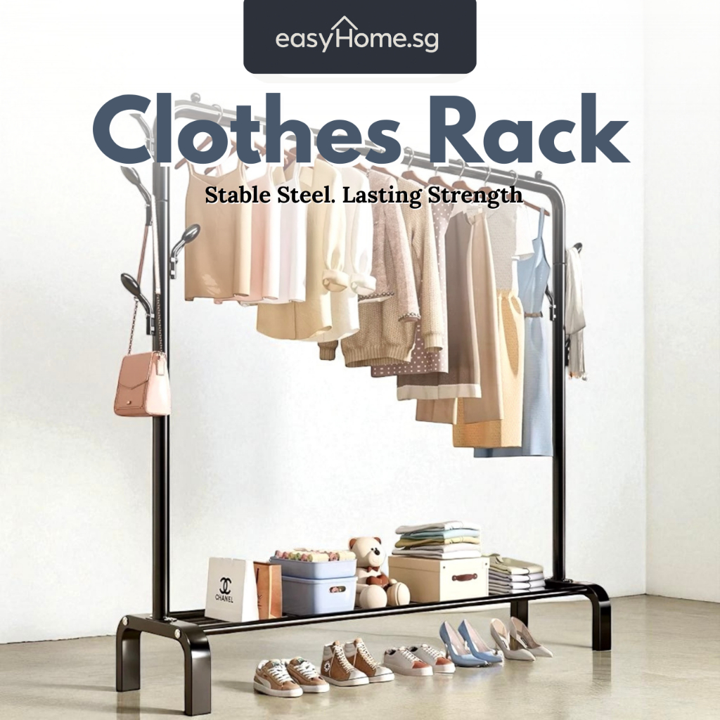 Easyhome.sg E00 Movable Clothes Rack | Adjustable Steel Pipe Laundry ...