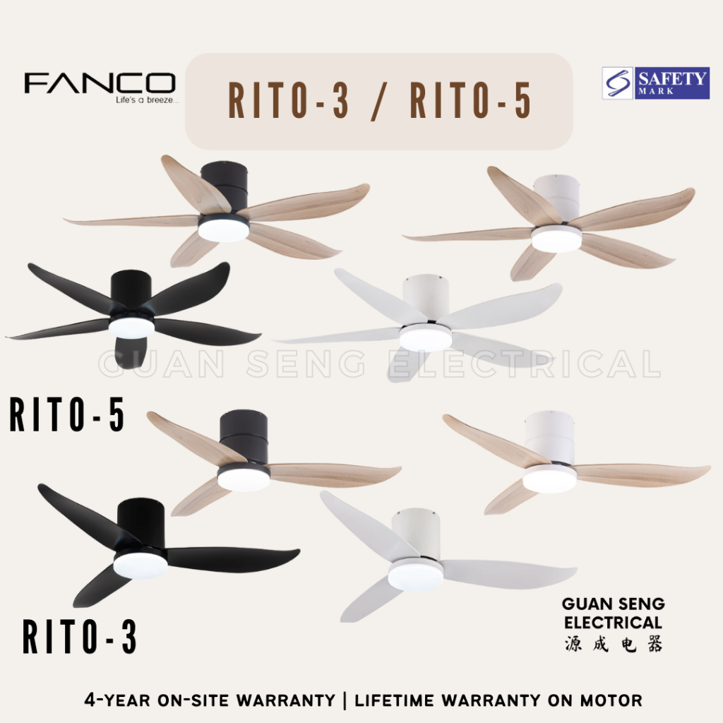 FANCO Smart RITO 3 RITO 5 Black White Pine Wood DC Motor Ceiling Fan ...