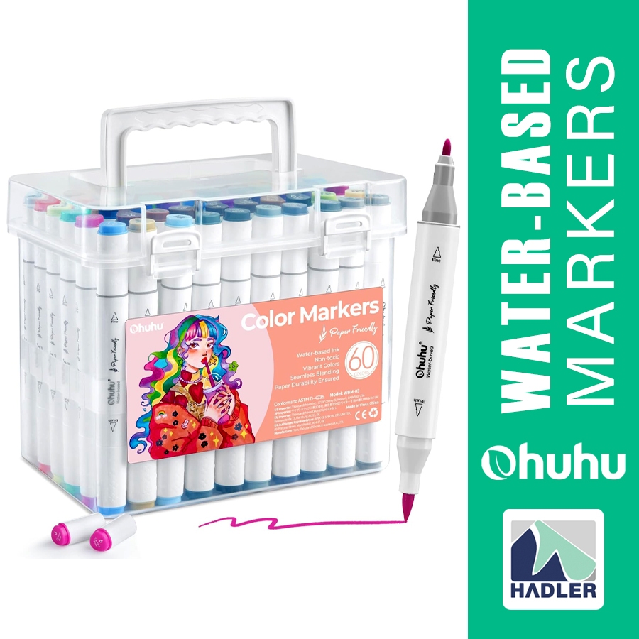 Ohuhu 60 Colors Brush & Fine Tip Marker Box Set — Water Based, Paper ...