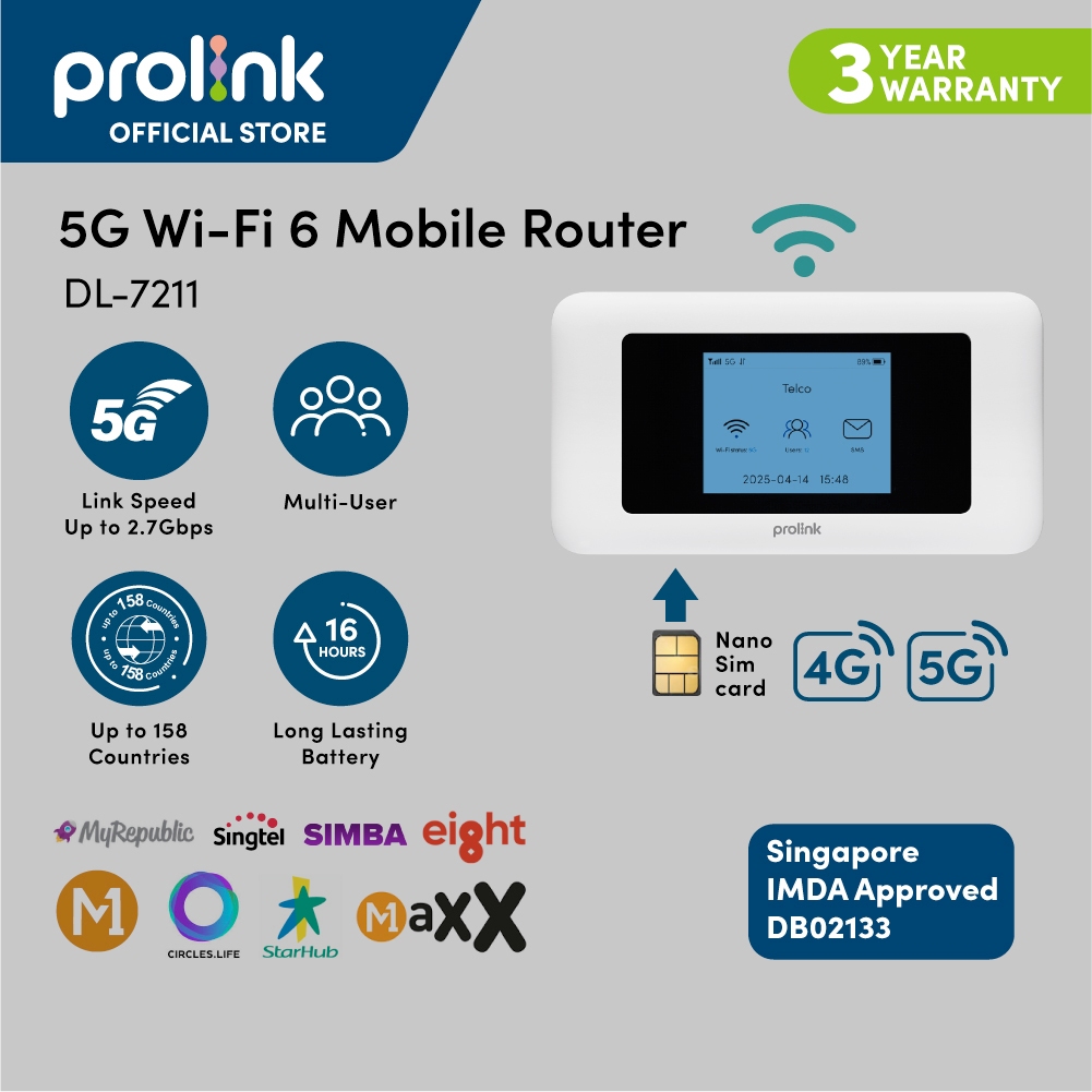 [NEW | Plug N Play] Prolink DL-7211 5G Wi-Fi6 Mobile Router / Pocket Wi ...
