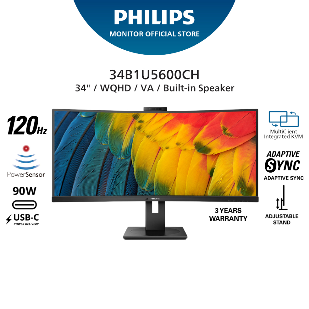 Philips 34B1U5600CH Curved UltraWide VA Monitor with USB-C dock, KVM ...