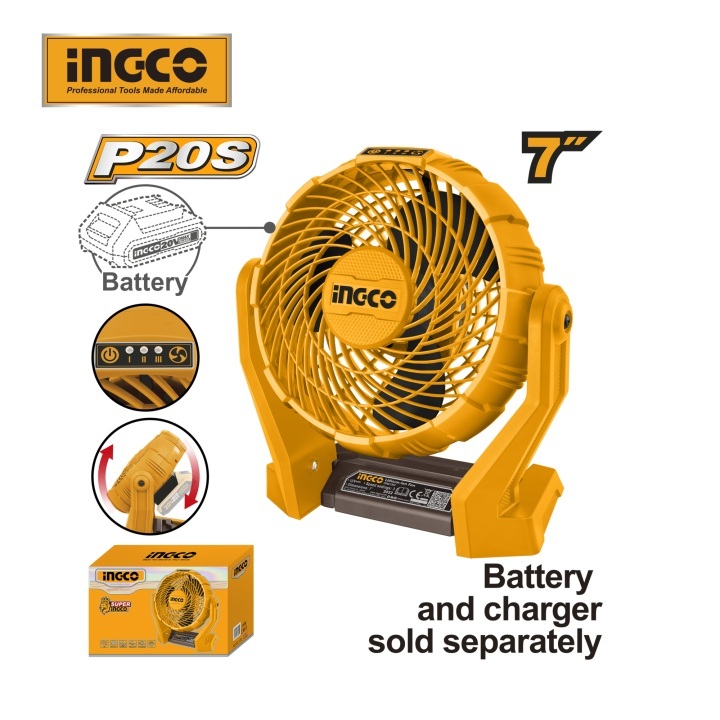INGCO 20V LI-ION 7" 3 SPEED HEAD ROTATING FAN CFALI2007 (BARE UNIT ...