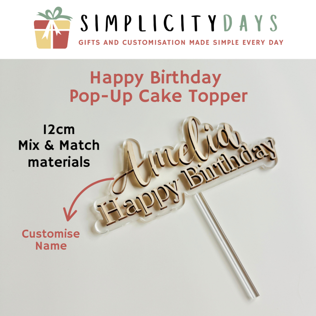 Pop-Up Cake Topper Customise Name Birthday Celebration White Black Gold ...