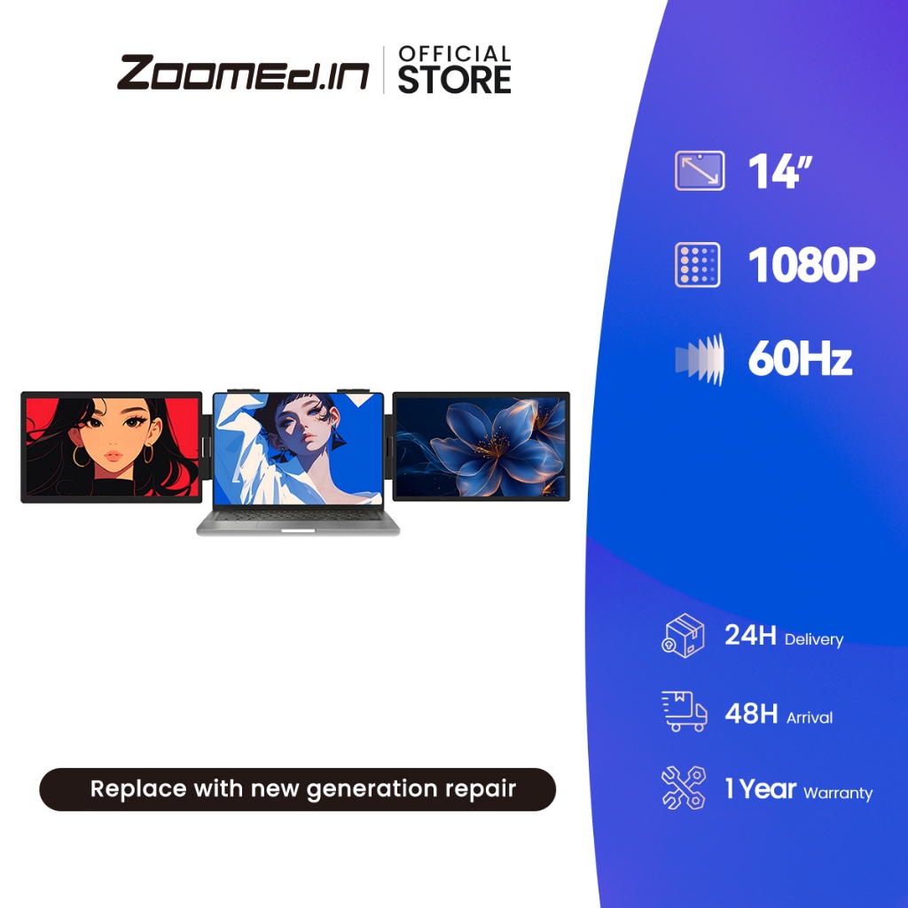 Zoomed-In 14" 1080P Triple Portable Laptop Screen Extender Monitor for ...