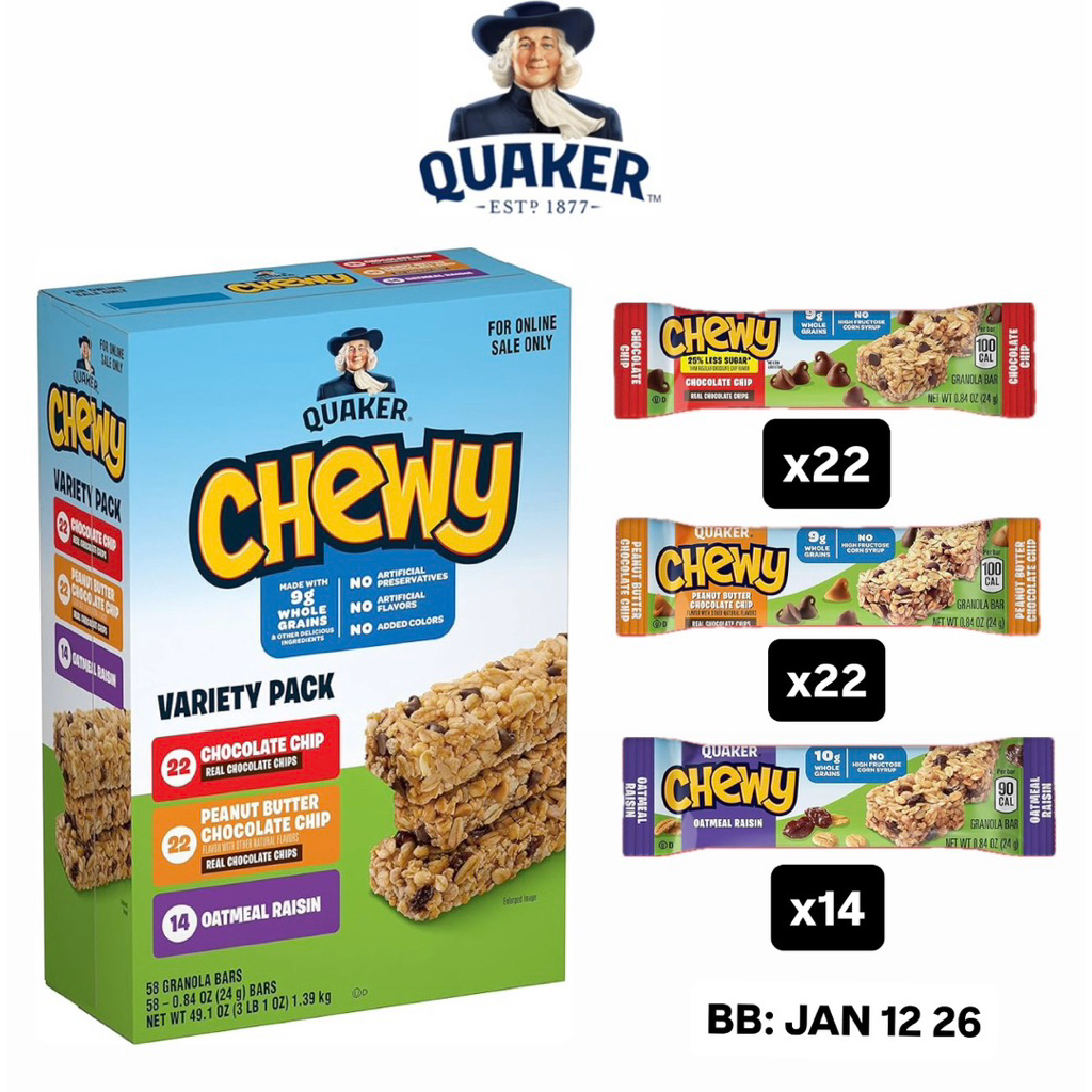 Quaker Chewy Oats Bars (x58) Variety Pack, Chocolate Chip, Peanut ...