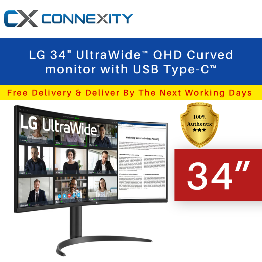 LG 34" UltraWide™ QHD Curved monitor with USB Type-C™ LG Curved Monitor ...