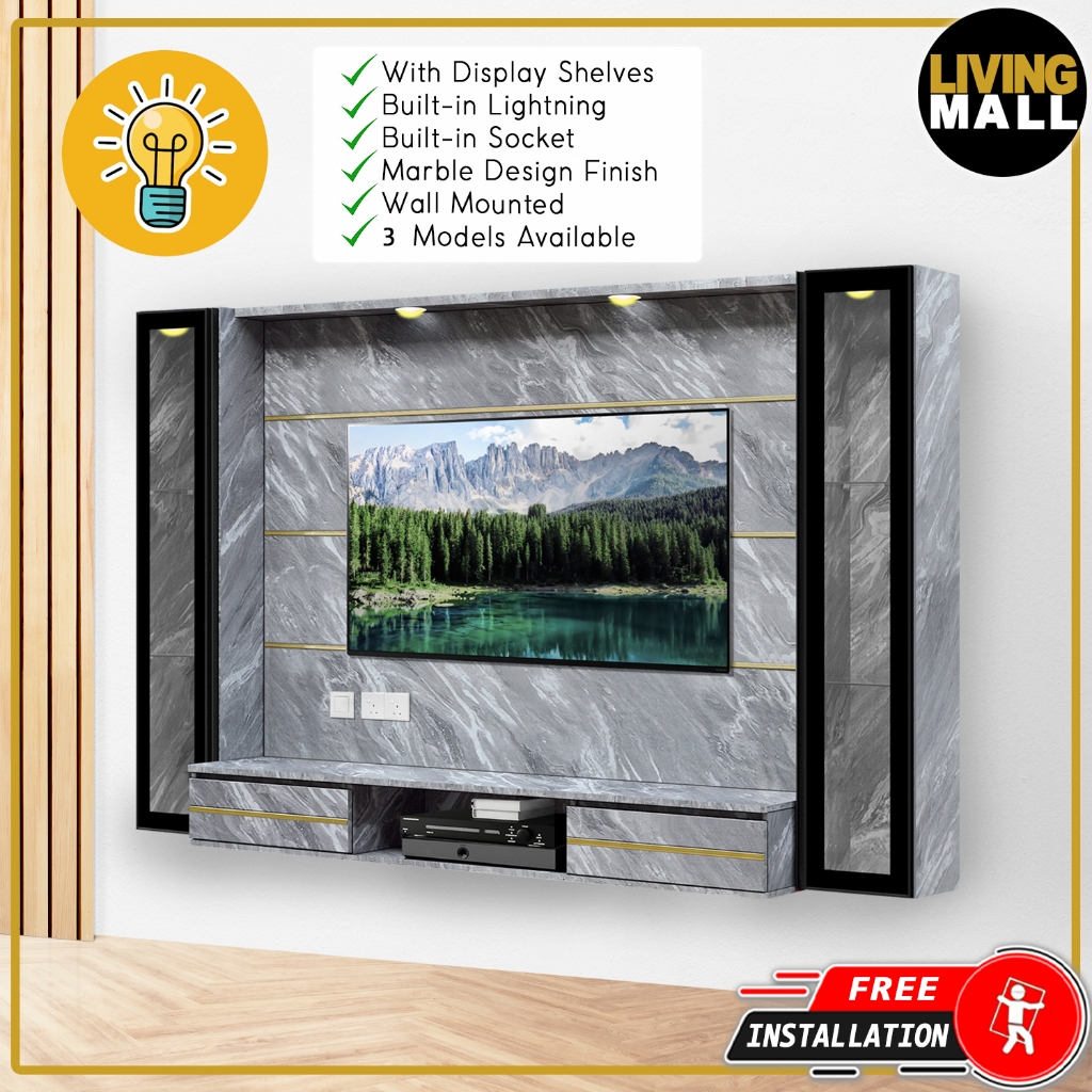 Living Mall Petra Series Wall Mount TV Console Cabinet Marble Finish w ...