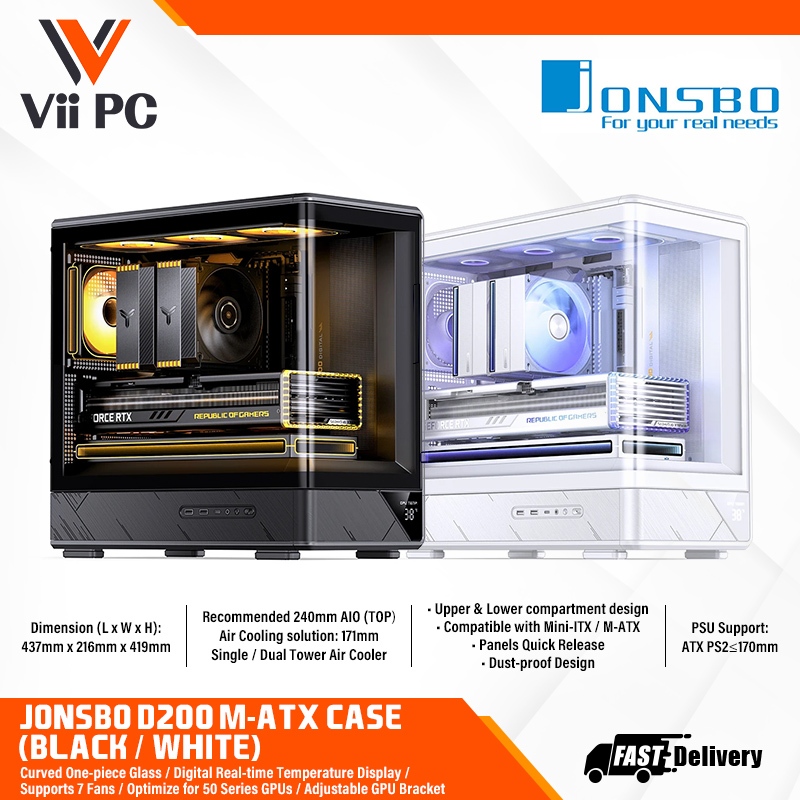 JONSBO D200 BLACK / WHITE CURVE ONE PIECE GLASS TEMP DISPLAY MATX CASE ...