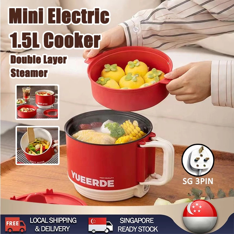 1.6L Mini Electric Cooker with Folding Handle Mini pot with steamer frying pan Multi-function ...
