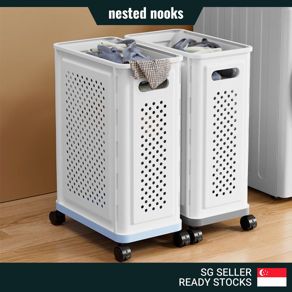 Slim Narrow Compact Laundry Basket with Wheels Handle Foldable Laundry ...