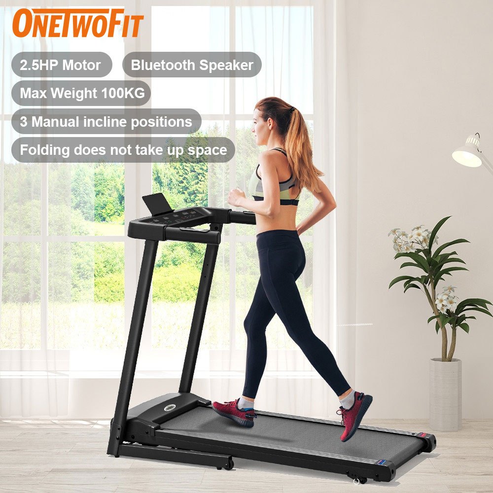 OneTwoFit Foldable Treadmill with Bluetooth 3 Manual Incline Positions ...