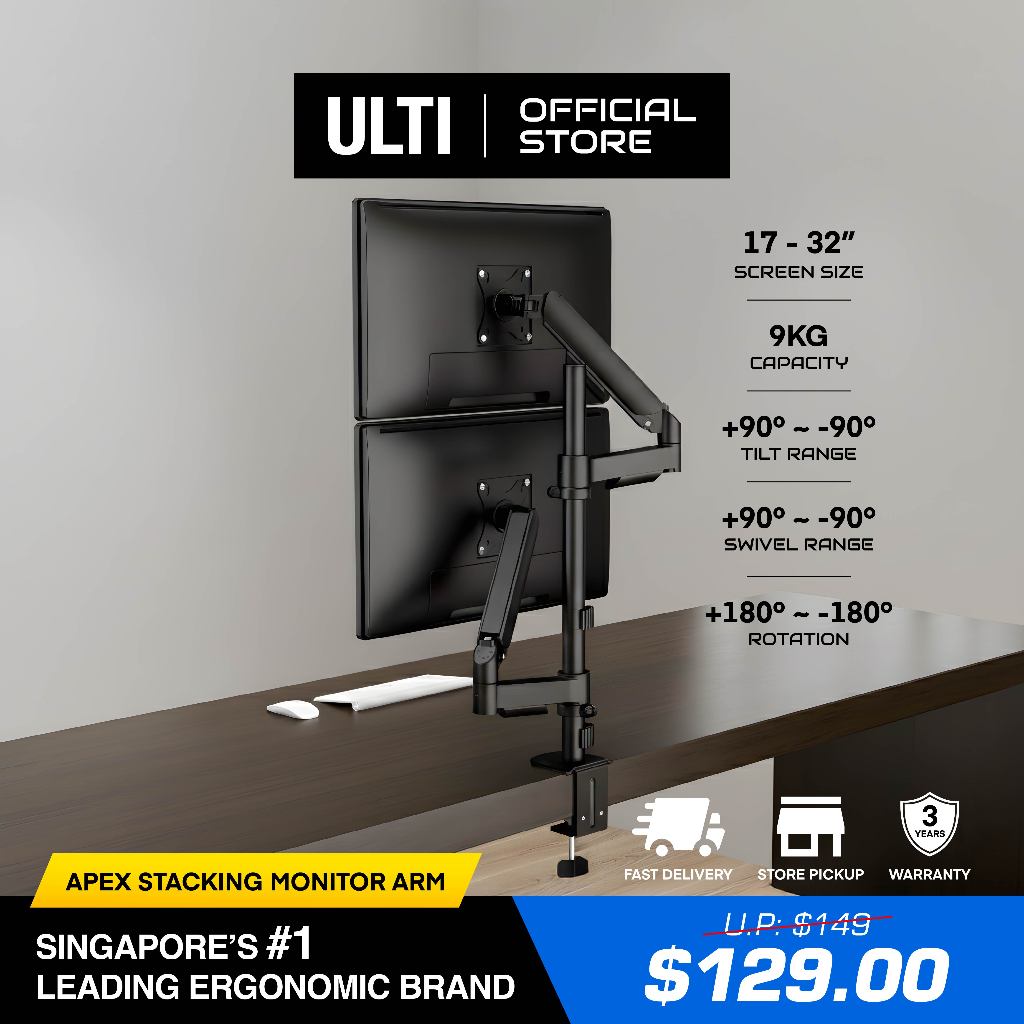 ULTI APEX Vertical Stacking Dual Monitor Arm for 2 Monitors Up to 32 ...