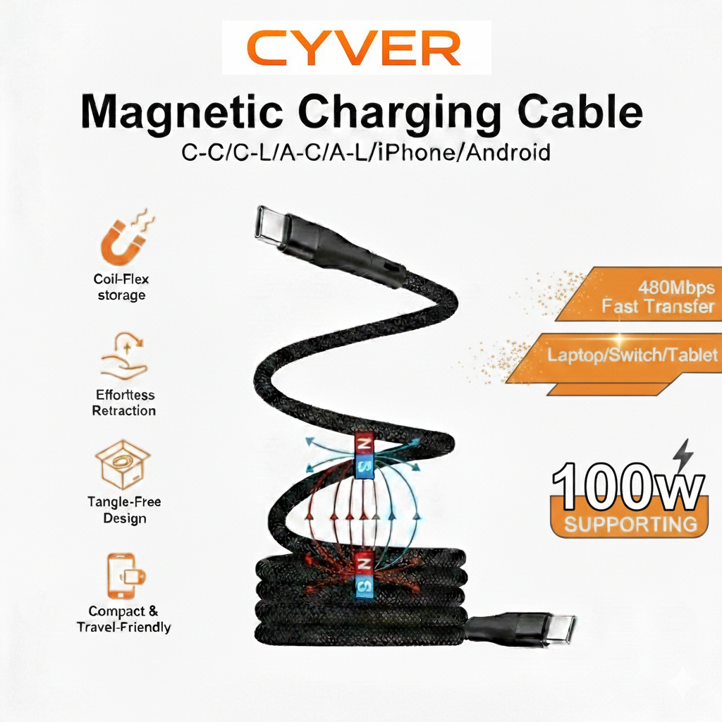 CYVER 100W PD Type C/USB A-L/C/4-in-1 Fast Charging Magnetic Self ...