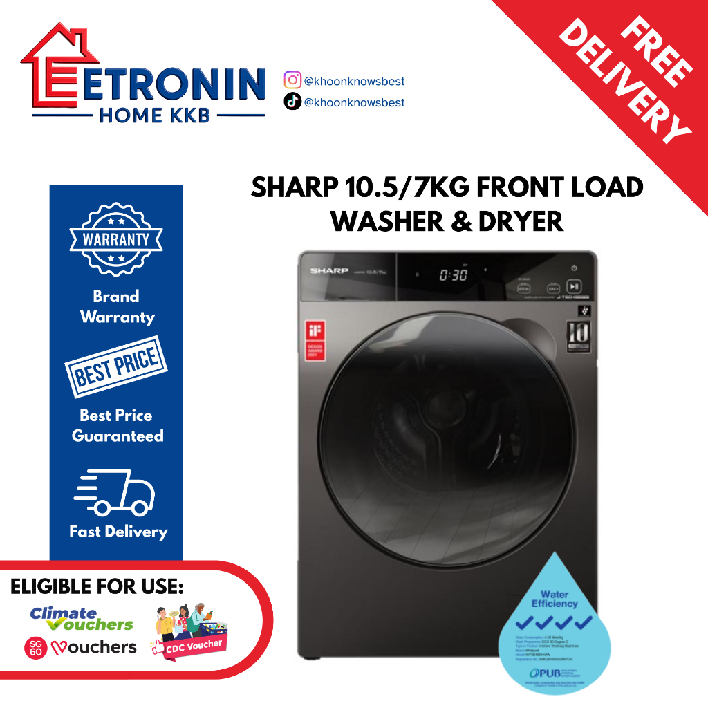 *Climate Voucher Eligible* SHARP 10.5/7.0KG Front Load Washer Dryer ...